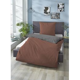 Wendebettwäsche Biberna "Alma in Gr. 135x200, 155x220 oder 200x200 cm", braun (kardinal), B/L: 155cm x 220cm, 1 Stk., 1 Stk., Linon, B/L: 80cm x 80cm, 2 Stk., Linon, Obermaterial: 100% Baumwolle, Bettwäsche, Bettwäsche aus Baumwolle, Reißverschluss, Bettwäsche mit Wendeoptik
