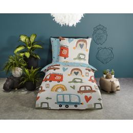 Kinderbettwäsche Good Morning "Move", blau, B/L: 135cm x 200cm, 1 Stk., 1 Stk., Renforcé, B/L: 80cm x 80cm, 2 Stk., Renforcé, Obermaterial: 100% Baumwolle, Bettwäsche, Baumwolle, 135x200, Reißverschluss, Wendeoptik, Kind, Junge, Fahrzeuge