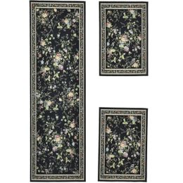 Bettumrandung Theko "Flomi Sagrini" Gr. 14, schwarz, H:3mm, Obermaterial: 63% Polyester, 33% Polypropylen, 4% Baumwolle, Bettumrandungen, Läufer-Set, Flachgewebe, gewebt, Pastell-Farben, Blumen Design