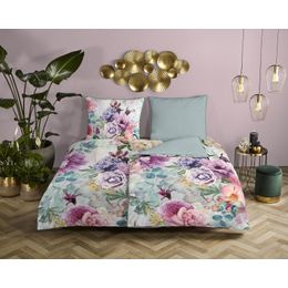 Wendebettwäsche Descanso "Anamin", blau, B/L: 135cm x 200cm, 1 Stk., 1 Stk., Satin (Bio-Baumwolle), B/L: 80cm x 80cm, 2 Stk., Satin (Bio-Baumwolle), Obermaterial: 100% Baumwolle, Bettwäsche, Baumwolle, Satin, 135x200, Biese, Reißverschluss, Wende, Blumen