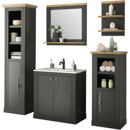 Badmöbel-Set Home Affaire "WESTMINSTER, Bad im Landhausstil, 5-teiliges Badezimmer", grau (grau dunkel), B:220cm H:203cm T:46cm, Kastenmöbel-Sets, Waschtisch, Spiegel, Midischrank, Regal, Hochschrank, Breite 220 cm