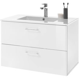 Waschtisch BASIC BY BALCULINA "Best80", weiß (weiß, weiß hochglanz, weiß), B:81cm H:55cm T:47cm, Waschtische, Breite 81 cm,mit Waschbecken, Doppelwandiger Metallschubk., Softlclose