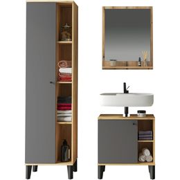 Badmöbel-Set Inosign "OSLO, Bad im skandinavischen Design", grau (eiche evoke, grau), B:121cm H:190cm T:33cm, Holzwerkstoff, Kastenmöbel-Sets, Badschränke und Spiegel, in zwei Farben verfügbar, viel Stauraum