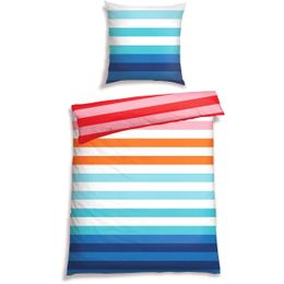Bettwäsche Schiesser "Happy Stripe aus weicher Baumwolle und jeder Menge bunter Streifen", blau (türkis), B/L: 135cm x 200cm, 1 Stk., 1 Stk., Renforcé, B/L: 80cm x 80cm, 2 Stk., Renforcé, Obermaterial: 100% Baumwolle, Bettwäsche, MADE IN GREEN by OEKO-TEX