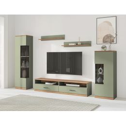 Wohnwand Home Affaire "Ribe,Set-5 St.,Oberplatten Eiche massiv,viel Stauraum", salbei, eiche, Holzwerkstoff, Massivholz, Kastenmöbel-Sets, Glaseinsatz aus gehärtetem Glas,Böden teilweise versetzbar