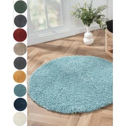 Hochflor-Teppich "My Shaggy", blau (hellblau), B:120 H:37mm L:120 Ø:120cm, Polypropylen (PP), MyFlair MÖBEL & ACCESSOIRES, Teppiche, Shaggy, Uni Farben, leicht glänzend, Microfaser, extra flauschig