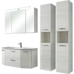 Badmöbel-Set SAPHIR "Quickset 936 4-teilig, Glaswaschtisch und LED-Spiegelschrank", weiß (eiche weiß quer nachbildung), B:172cm T:49cm, Keramik, MDF, Spanplatte, Kastenmöbel-Sets, 2 Hochschränke, Eiche Weiß quer Nachbildung, inkl. Türdämpfer, 9 Türen