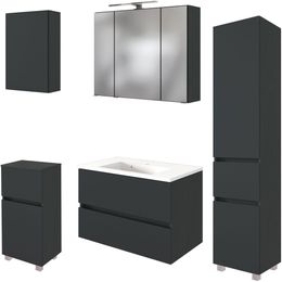 Badmöbel-Set Welltime "Welltime Möbel Baabe Waschtisch-Set 3tlg. oder 5tlg.", grau (matt grau), Set 14 5tlg.: Waschtisch 80cm breit, Spiegelschrank 80cm breit, Hängeschrank, Unterschrank, Seitenschrank, Holzwerkstoff, Kastenmöbel-Sets, gedämpfte Scharniere und Softclose-Funktion, inklusive LED-Beleuchtung