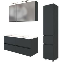 Badmöbel-Set Welltime "Welltime Möbel Baabe Waschtisch-Set 3tlg. oder 5tlg.", grau (matt grau), Set 8 3tlg.: Waschtisch 120cm breit, Spiegelschrank 120cm breit, Seitenschrank, Holzwerkstoff, Kastenmöbel-Sets, gedämpfte Scharniere und Softclose-Funktion, inklusive LED-Beleuchtung