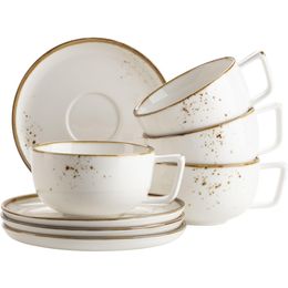 Mäser Tasse MÄSER "Kaffeetassen-Set Pinta, aus Porzellan", braun (weiß, braun), B:11,5cm H:5cm Ø:9cm, Porzellan, Trinkgefäße, Kaffeetasse, 8er Set, bestehend aus 4 Tassen und 4 Untertassen