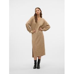 Véro Moda Strickkleid VERO MODA "VMJUPITER LS V-NECK CALF DRESS BF", Damen, Gr. M, N-Gr, braun (silber mink detail:with melange), Feinstrick, Obermaterial: 75% Polyacryl, 22% Polyester, 3% Elasthan, meliert, Modisch, V-Ausschnitt, Kleider