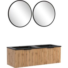 Badmöbel-Set Welltime "Welltime, Carlton Waschtisch-Set, 80 oder 120 cm, gestreift", schwarz (wotnaeiche, schwarz), Set 6: 3tlg. Waschtisch-Set 120cm: 2x Spiegel 60cm und Waschtischmit schwarzem Auflagebecken, Spanplatte, Kastenmöbel-Sets