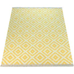 Wollteppich Paco Home "Kenitra 500", gelb (gelb, weiß), B:120cm H:12mm L:170cm, Wolle, Teppiche, Fransenteppich, Flachgewebe, reine Wolle, handgewebt, Rauten Design, mit Fransen