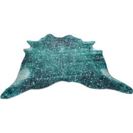 Fellteppich Gino Falcone "Bionda" Gr. 42, blau (petrol), B:130cm H:3mm L:170cm, Kunstfaser, Teppiche, Fellteppich Kuhfellteppiche, Kunstfell, gedruckte Kuhfell-Optik, mit Glanzakzenten, Wohnzimmer
