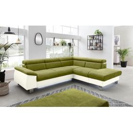 Ecksofa COTTA "Komaris L-Form, B: 249 cm", beige (creme, gr&uuml;n), B:249cm H:72cm T:100cm, Microfaser PRIMABELLE (100% Polyester);Kunstleder SOFTLUX;Feinstruktur (100% Polyester);Kunstleder SOFTLUX/Struktur (100% Polyester);NaturLEDER, Sofas, Ecksofa, mit Kopfteilverstellung, optional Bettfunktion, Bettkasten & Licht
