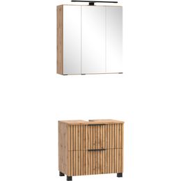 Badezimmer-Set Welltime "Welltime Möbel, Carlton Unterbecken-Set 2teilig, 60 cm, gestreift", schwarz (wotnaeiche, schwarz), B:60cm H:200cm T:35cm, Spanplatte, Kastenmöbel-Sets
