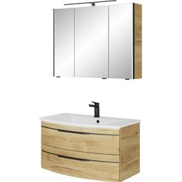 Badmöbel-Set SAPHIR "Serie 7045 2-teilig Mineralmarmor-Waschtisch mit LED-Spiegelschrank", braun (halifax eiche quer nachbildung), B:93,2cm H:200cm T:50,1cm, Spanplatte, Kastenmöbel-Sets, Badezimmer-Set 93,2 cm breit, inkl. Türdämpfer, 3 Türen, 2 Schubladen