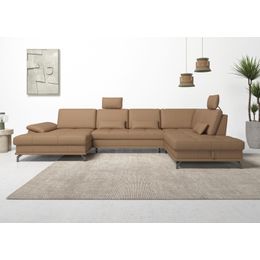 Wohnlandschaft Places of Style "Costello U-Form, B: 363 cm mit Sitztiefen-, Armteilverstellung &", braun (cappucino), B:363cm H:89cm T:223cm, Luxus-Microfaser (90% Polyester, 10% Polyamid);Samtoptik (100% Polyester), Sofas, 3 Nierenkissen, optional Bettfunktion & Bettkasten