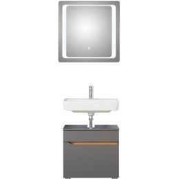 Badmöbel-Set SAPHIR "Quickset 2-teilig, Waschbeckenunterschrank mit LED-Spiegel", grau (quarzgrau matt touch, quarzgrau matt, akzent riviera eiche quer nb), Kastenmöbel-Sets, Waschplatz 70 cm breit, ohne Waschbecken, 1 Schublade, Bad-Set