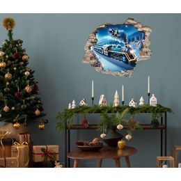 3D-Wandtattoo queence "Lokomotive im Schnee", blau, B:60cm H:50cm T:0,3cm, Vinyl, Wandtattoos, selbstklebender Wandsticker Weihnachten