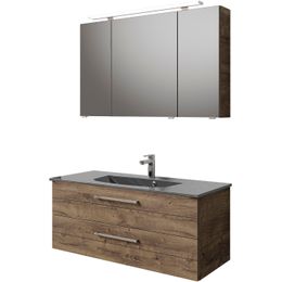 Badmöbel-Set SAPHIR "Serie 6025 2-teilig Mineralmarmor-Waschtisch mit LED-Spiegelschrank", braun (eiche ribbeck quer nb), B:117cm H:200cm T:48cm, Spanplatte, Kastenmöbel-Sets, Waschplatz 117cm breit, 2 Schubladen, 3 Spiegel-Türen, inkl Türdämpfer