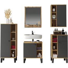 Badmöbel-Set Inosign "OSLO, Bad im skandinavischen Design, 5-teiliges Badezimmer", eiche evoke, grau, B:182cm H:190cm T:33cm, Holzwerkstoff, Kastenmöbel-Sets, Badschränke und Spiegel, in zwei Farben verfügbar, viel Stauraum