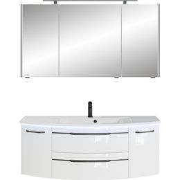 Badmöbel-Set SAPHIR "Serie 7045 2-teilig Mineralmarmor-Waschtisch mit LED-Spiegelschrank", weiß (weiß hochglanz), B:133,2cm H:200cm T:49,8cm, Spanplatte, Kastenmöbel-Sets, Badezimmer-Set 133,2 cm breit, inkl. Türdämpfer, 5 Türen, 2 Schubladen