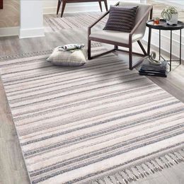 Hochflor-Teppich Carpet City "Valencia 807", blau (graublau, creme), B:200cm H:20mm L:290cm, Polypropylen, Teppiche, Fransenteppich, Läufer, Boho-Stil, 3D-Effekt, Streifen, Hoch-Tief-Struktur, Fransen
