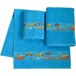 Handtuch Set Dyckhoff "Auto", blau, 3 Stk., Walkfrottee, Walkfrottee, Obermaterial: 100% Baumwolle, Handtuch-Sets, Auto Motiven; 2 Handt&uuml;cher (50x100cm), 1 Duschtuch (70x140cm)