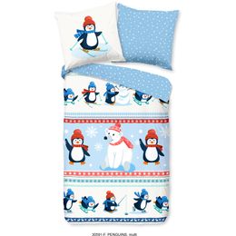 Kinderbettw&auml;sche Good Morning "Penguins", blau (blau, wei&szlig;), B/L: 135cm x 200cm, 1 Stk., 1 Stk., Flanell, B/L: 80cm x 80cm, 2 Stk., Flanell, Obermaterial: 100% Baumwolle, Bettw&auml;sche, Biber, 135x200, Warm, Weich, Wendeoptik, Rei&szlig;verschluss, Winter, Kind