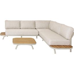 Loungeset Best "Paros", beige (sandfarben,), B:232cm H:61cm T:80cm, Aluminium, FSC-zertifiziertes Massivholz, Sitzmöbel-Sets, Bestehend aus 2 Bänken, 1 x Tisch und 9 Kissen