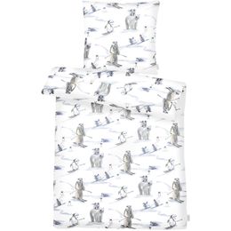 Bettwäsche Apelt "Nils GOTS", weiß (weiß, blau), B/L: 135cm x 200cm, 1 Stk., 1 Stk., Satin (Bio-Baumwolle), B/L: 80cm x 80cm, 2 Stk., Satin (Bio-Baumwolle), Obermaterial: 100% Baumwolle, Bettwäsche, Eisbären und Pinguine