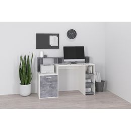 Regal-Schreibtisch FMD "Bolton", weiß (weiß, betonoptik), B:138,5cm H:92cm T:53,5cm, Tische, Schreibtisch mit Stauraum und Ablage, offene Fächer, 138,5 cm breit