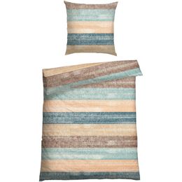 Bettwäsche Schiesser "Emilia aus weicher Baumwolle und texturierten Streifen", blau (petrol), B/L: 135cm x 200cm, 1 Stk., 1 Stk., Renforcé, B/L: 80cm x 80cm, 2 Stk., Renforcé, Obermaterial: 100% Baumwolle, Bettwäsche, MADE IN GREEN by OEKO-TEX