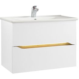 Badmöbel-Set SAPHIR "Quickset Keramikwaschtisch mit Unterschrank, 75 cm breit", weiß (weiß seidenglanz), B:75cm H:53,3cm T:45cm, Keramik, Spanplatte, Kastenmöbel-Sets, Waschplatz, Unterschrank mit Waschbecken, 2 Schubladen, grifflos