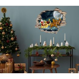3D-Wandtattoo queence "Weihnachtsmann mit Rudolf", blau, B:60cm H:50cm T:0,3cm, Vinyl, Wandtattoos, selbstklebender Wandsticker Weihnachten