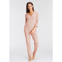 Umstandspyjama Lascana, Damen, Gr. 32/34, beige (beige schwarz gepunktet), Obermaterial: 95% Baumwolle, 5% Elasthan, gepunktet, Basic schmal, V-Ausschnitt, Homewear-Sets, in Wickeloptik mit Pünktchenmuster