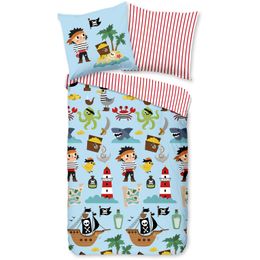 Kinderbettwäsche Good Morning "Caribbean", blau (türkis), B/L: 135cm x 200cm, 1 Stk., 1 Stk., Renforcé, B/L: 80cm x 80cm, 2 Stk., Renforcé, Obermaterial: 100% Baumwolle, Bettwäsche, Baumwolle, Reißverschluss, Wende, Baby, Kind, Junge, Piraten, Türkis