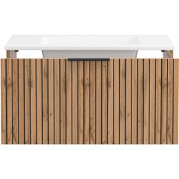 Badmöbel-Set Welltime "Welltime, Carlton Waschtisch-Set, 80 oder 120 cm, gestreift", schwarz (wotnaeiche, schwarz), Set 9: 2tlg. Waschtisch-Set 80cm: Spiegelschrank 80cm und Waschtischmit weißem Auflagebecken, Spanplatte, Kastenmöbel-Sets