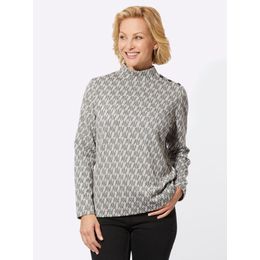 Stehkragenshirt Classic Basics "Jacquard-Shirt", Damen, Gr. 54, schwarz (hellgrau, schwarz, gemustert), 84% Polyester, 14% Viskose, 2% Elasthan, gemustert, Shirts
