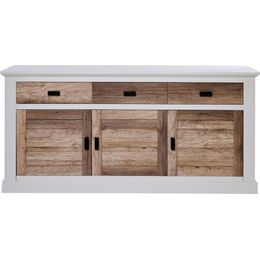 Sideboard Jahnke "HAMPTON SB 160", weiß (canyon eiche, weiß struktur), B:158 H:81,8 T:40, Holzwerkstoff, Sideboards, Sideboard, Landhausstil, 3 Schubladen und 3 Türen, Breite ca. 160 cm