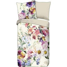 Wendebettwäsche Descanso "Novara", weiß (sanftes weiß, ecru), B/L: 135cm x 200cm, 1 Stk., 1 Stk., Satin (Bio-Baumwolle), B/L: 80cm x 80cm, 2 Stk., Satin (Bio-Baumwolle), Obermaterial: 100% Baumwolle, Bettwäsche, Baumwolle, Satin, 135x200, Biese, Reißverschluss, Wende, Blumen, Natur