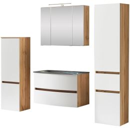 Badezimmer-Set Welltime "Kaunas", weiß (matt weiß, wotaneiche), B:120cm H:200cm T:49cm, Kastenmöbel-Sets, Waschtisch-Set (Breite 80 cm) mit Midischrank und Seitenschrank