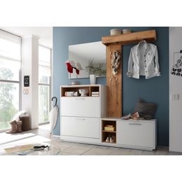 HBZ-MEBLE Kompaktgarderobe HBZ "Milano mit Spiegel, BxHxT 177x195x32 cm", weiß (weiß, wildeiche), B:177cm H:195cm T:32cm, Holzwerkstoff, Schränke, Mit Schuhkommode, Paneel, Bank und Spiegel