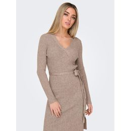 Strickkleid Only "ONLVENLO L/S RIB WRAP DRESS RP KNT", Damen, Gr. L, N-Gr, beige detail:with melange, Rippstrick, Obermaterial: 50% Viskose, 27% Nylon, 23% Polyester, meliert, Modisch, regular fit knielang, V-Ausschnitt, Kleider