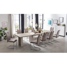 Essgruppe Hela "Lia, 11tlg. Sitzgruppe, Extra viel Platz", braun (sandeiche, beige, beige, chrom), Microfaser VINTAGE, Einlegeplatte, Sandeiche / Beige, Spanplatte, Sitzmöbel-Sets, Ausziebar 160 - 300 cm