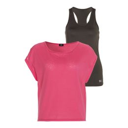 H.I.S. Trainingsshirt H.I.S "2-tlg. Shirt & Top", Damen, Gr. 36, grau (anthrazit, rosa), Obermaterial: 60% Baumwolle, 40% Polyester. Top: 95% Polyester, 5% Elasthan, unifarben, bequem hüftlang, Rundhals, Shirts, Kurzarm, bequeme Passform, sportlich, atmungsaktives Material
