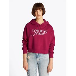 Hoodie Tommy Jeans "TJW RLX CRP SCRIPT HOODIE EXT", Damen, Gr. L (40), brilliant berry, Sweatware, Obermaterial: 100% Baumwolle, bedruckt, relaxed fit taillenbedeckt, Rippbündchen, Sweatshirts, mit Logoschriftzug