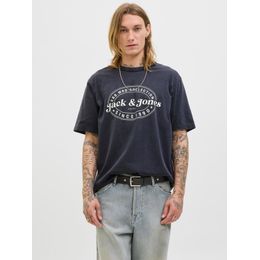 Jack & Jones Rundhalsshirt JACK & JONES "JJEDOVER PRINT TEE SS CREW NECK", Herren, Gr. M, schwarz, Single Jersey, Obermaterial: 100% Baumwolle, bedruckt, relaxed fit normal, Rundhals, Shirts