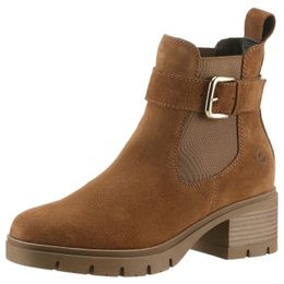 Chelseaboots Tamaris, Damen, Gr. 37, braun (cognac), Elastischer Einsatz, Veloursleder, unifarben, Schuhe, Blockabsatz, Businessmode, Stiefelette mit Zierschnalle